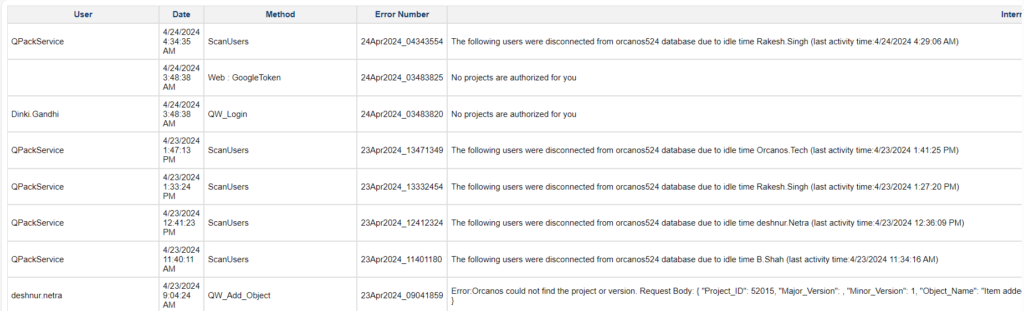 Error Log - Orcanos Helpcenter